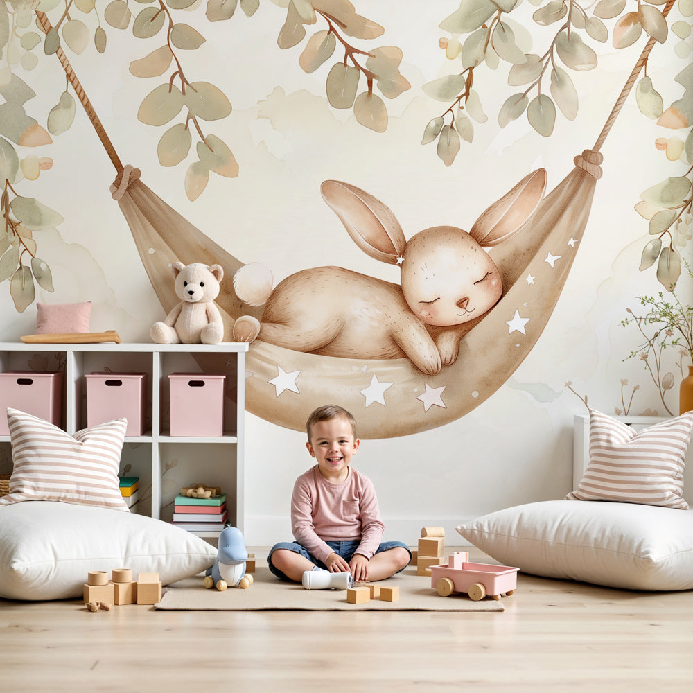 Nursery room wallpaper - Sleepy little rabbit in its starry hammock un ...