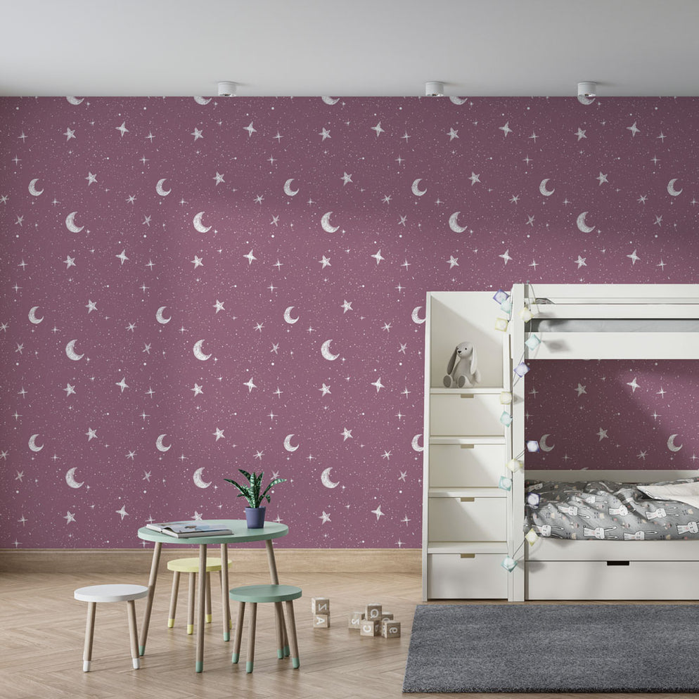 Kids room wallpaper with patterns | Starry sky and crescent moons on a ...