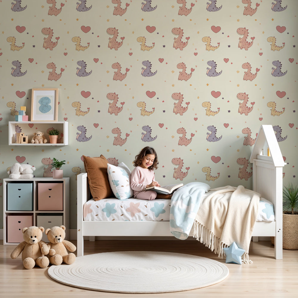 Papel pintado infantil con motivos | Lindos dinosaurios y corazones co ...