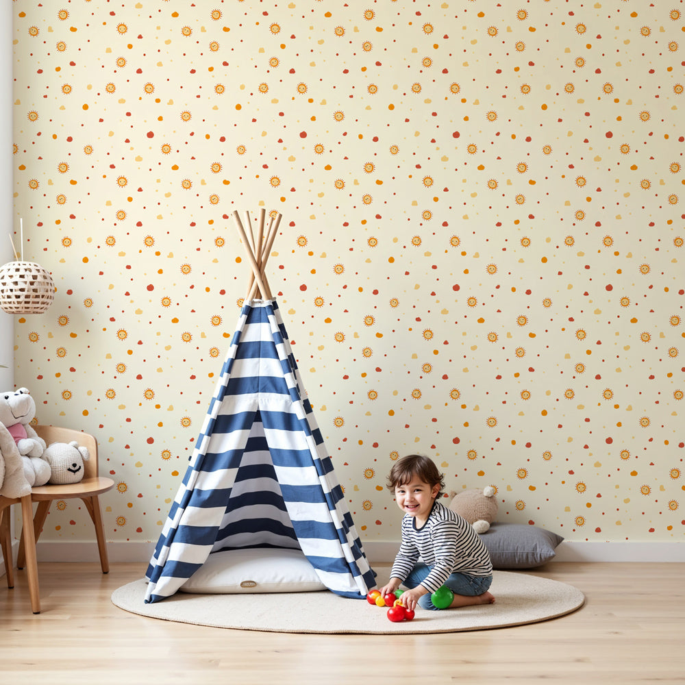 Kids room wallpaper with patterns | Sunny motifs and colorful bursts ...