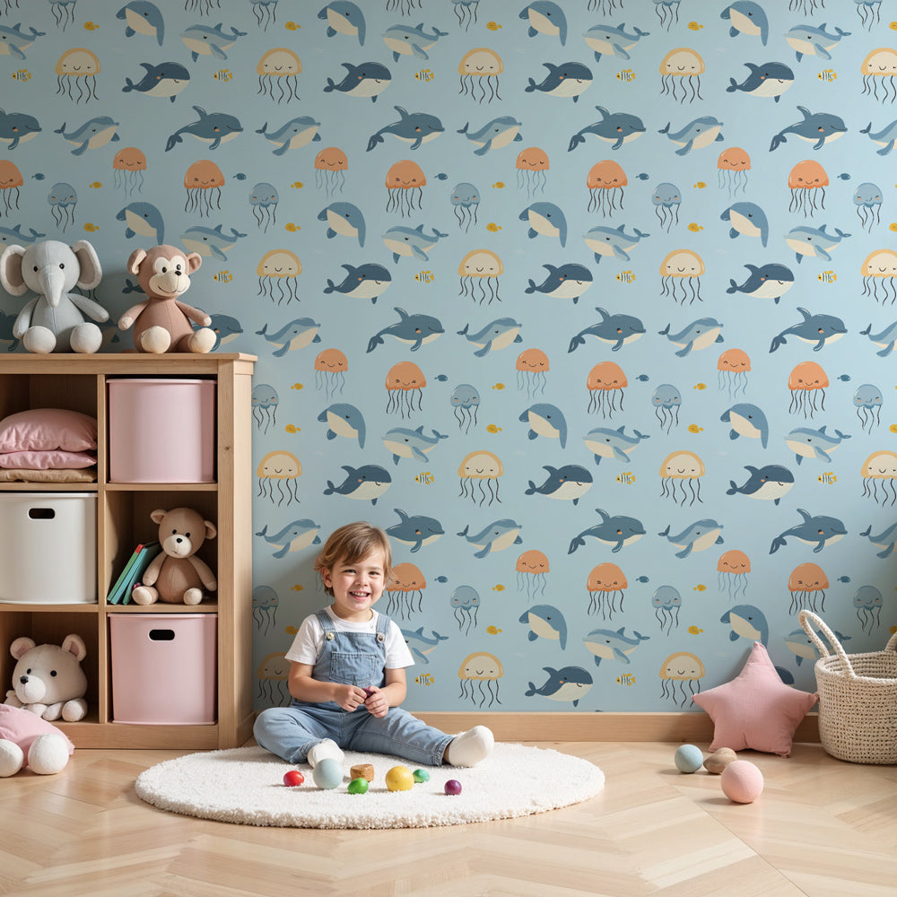 Papel pintado infantil con motivos | Universo marino colorido con delf ...