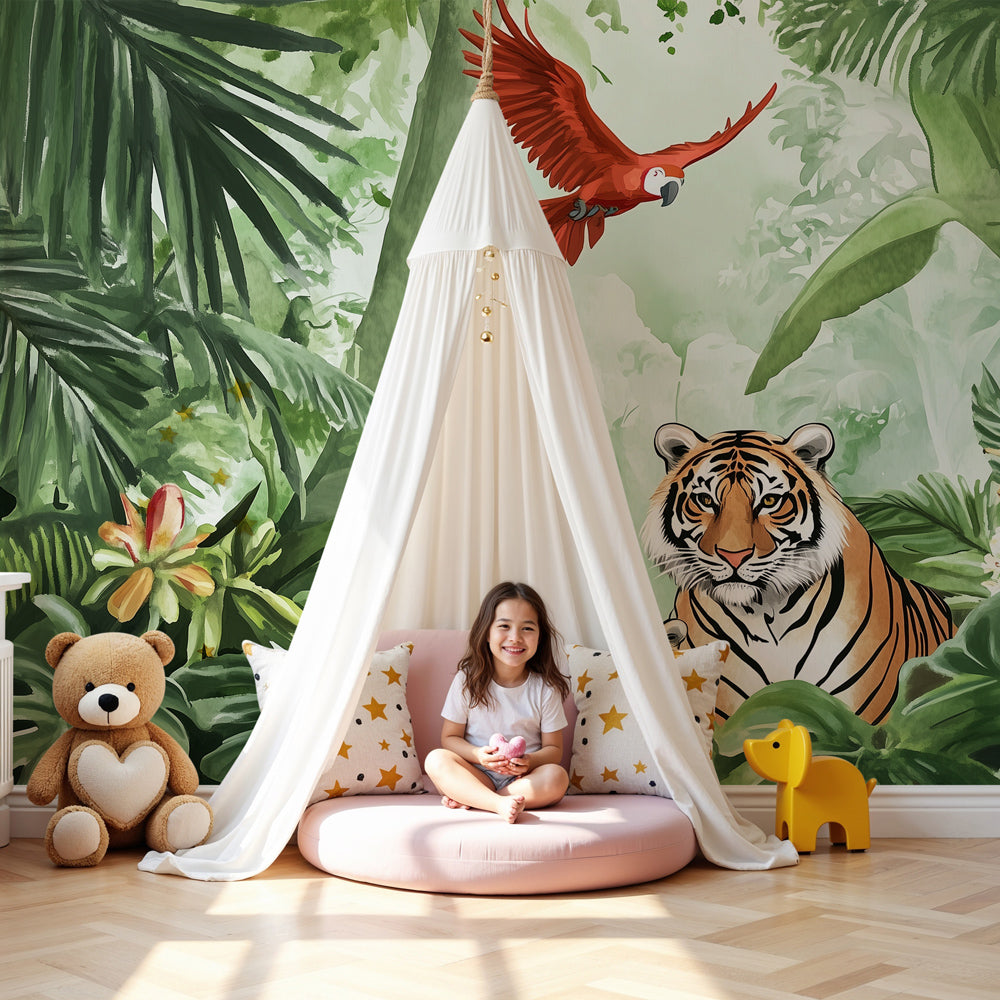 Kinderkamer behang | Exotische jungle met tijgers en rode papegaai ...