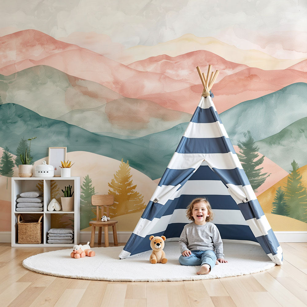 Papier peint chambre enfant | Montagnes pastel et forêts enchantées ...
