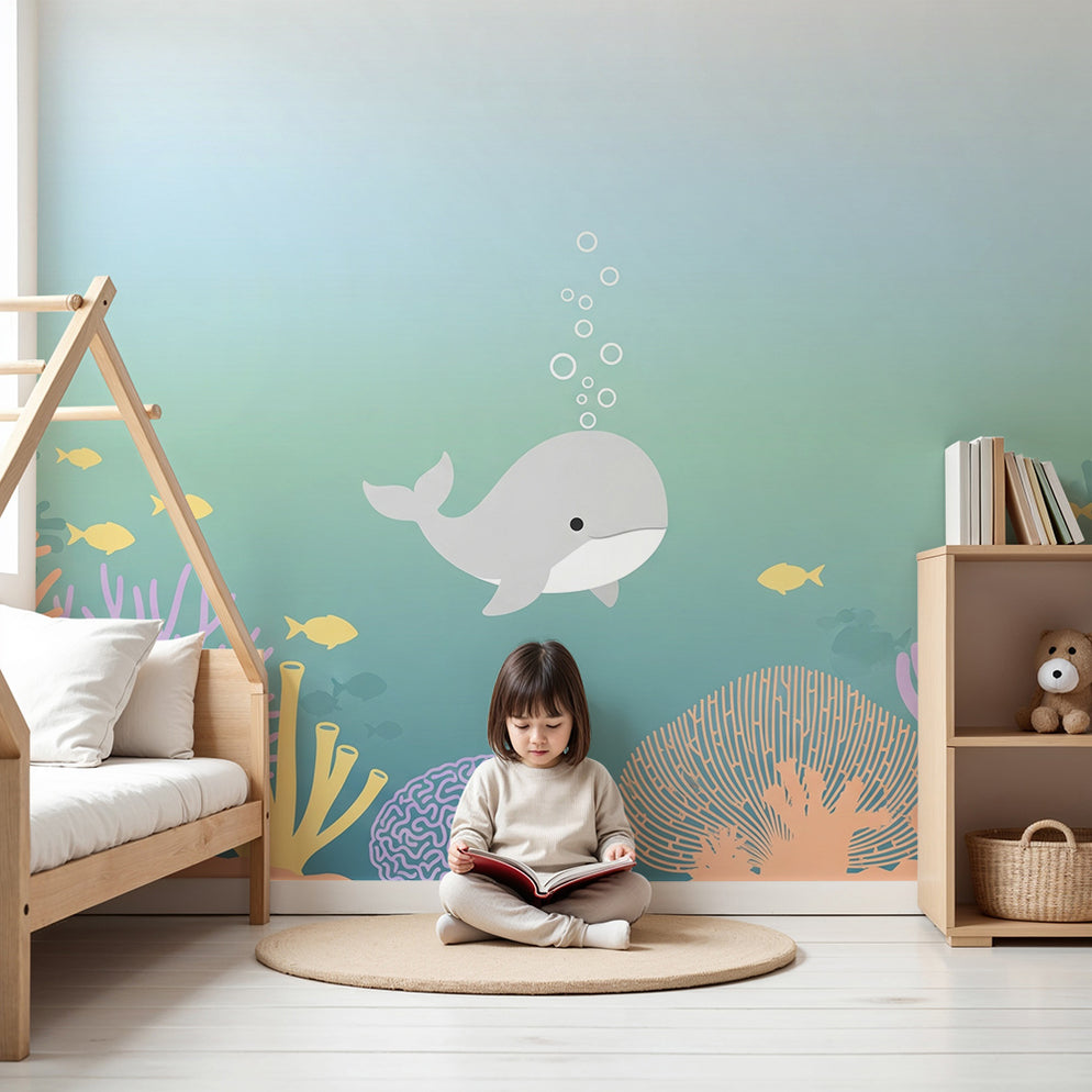 Babyzimmer Tapete | Bunte Wale und Korallen unter Wasser — Kids Wall