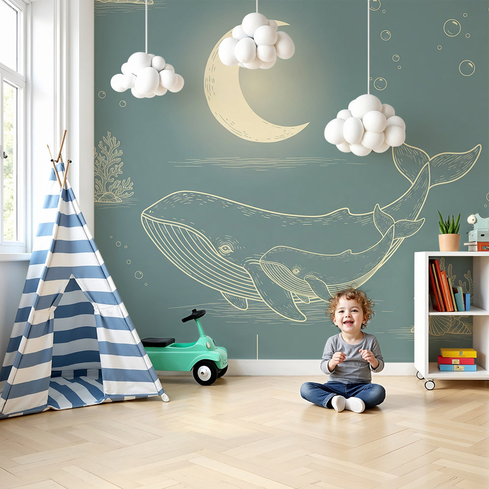 Baby nursery wallpaper | Whales and corals under the moon in a calming ...