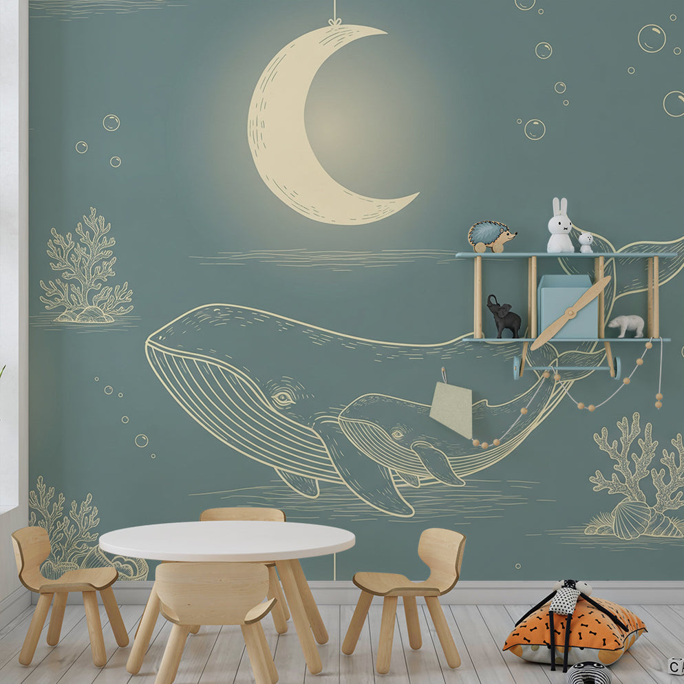 Baby nursery wallpaper | Whales and corals under the moon in a calming ...