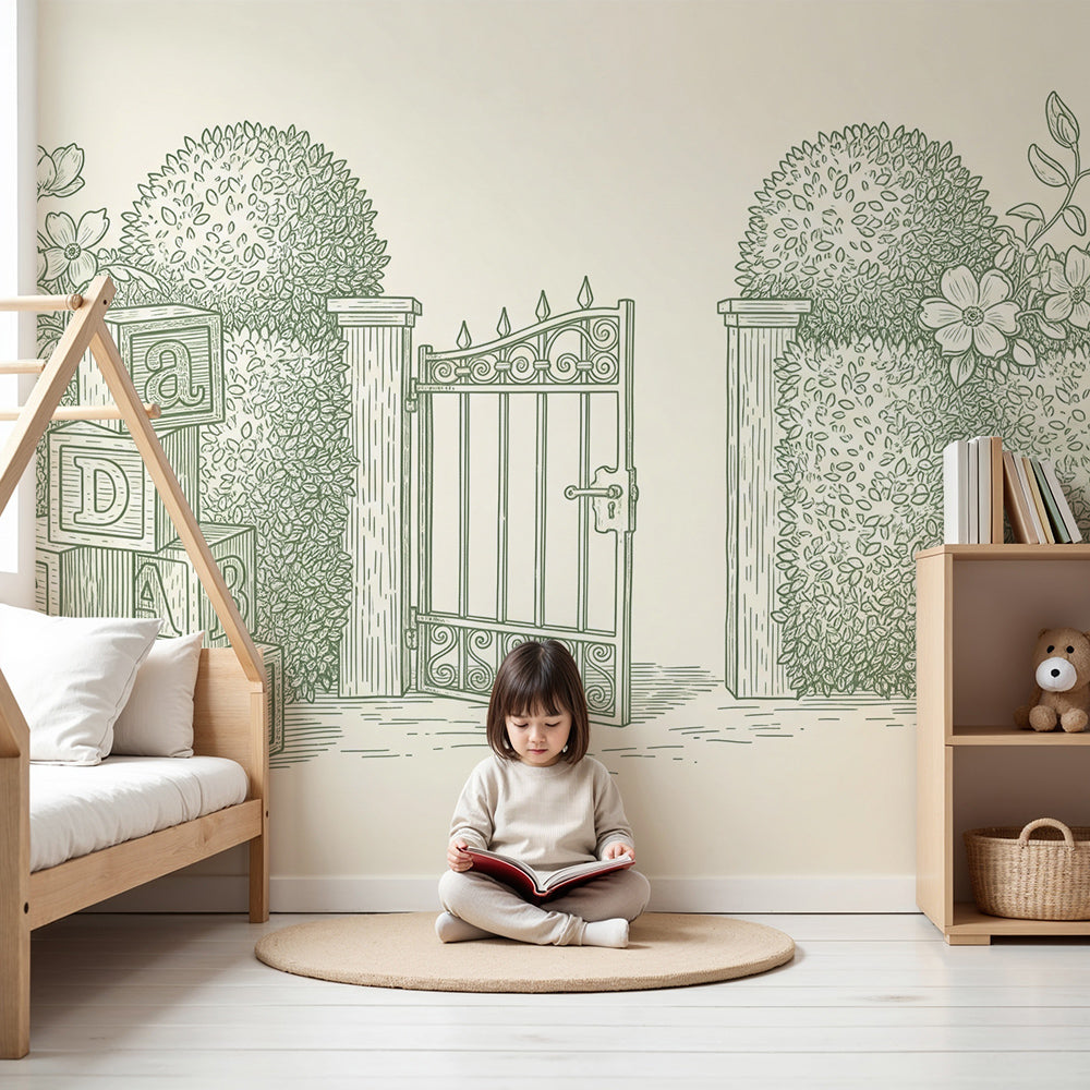 Baby room wallpaper | Letter blocks and secret garden with wrought iro ...