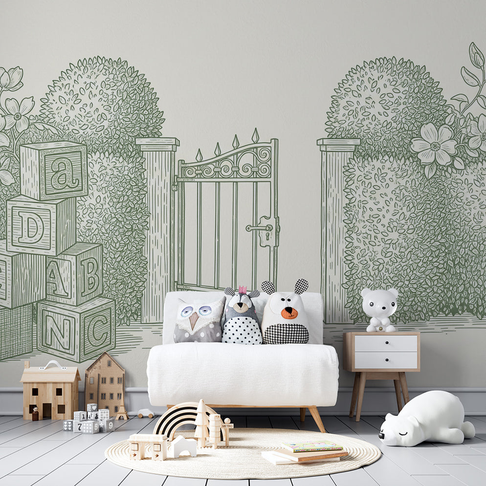 Baby room wallpaper | Letter blocks and secret garden with wrought iro ...