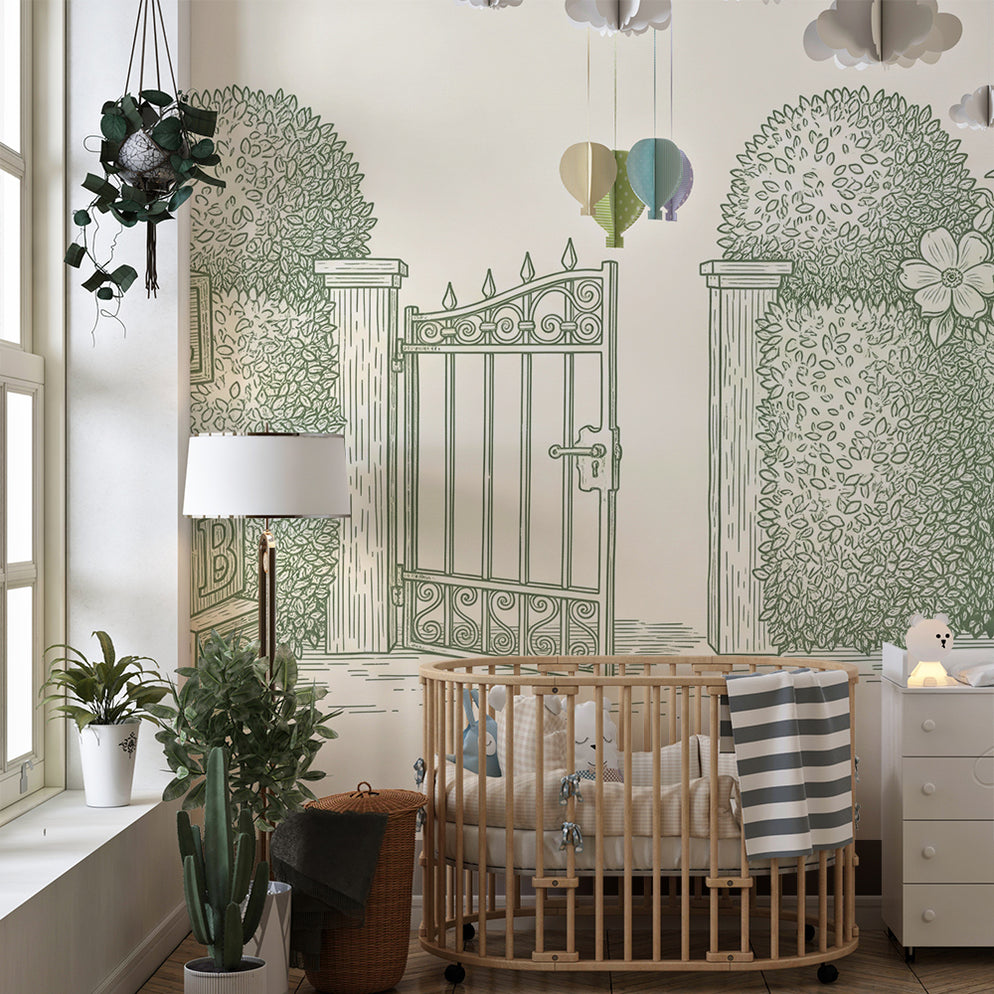 Baby room wallpaper | Letter blocks and secret garden with wrought iro ...