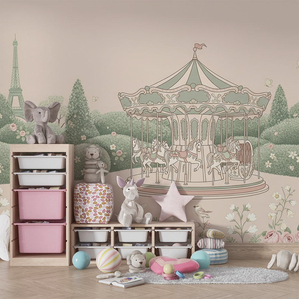 Baby room wallpaper | Enchanting carousel with the Eiffel Tower and de ...