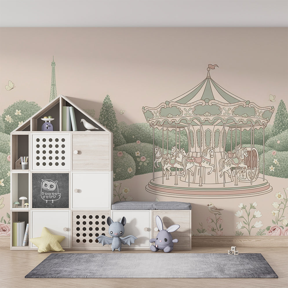Baby room wallpaper | Enchanting carousel with the Eiffel Tower and de ...