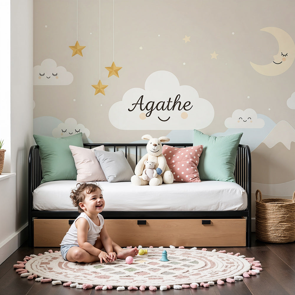 Babyzimmer Tapete | Sternenhimmel und sanfte Berge mit Agathe Wolken — Kids Wall