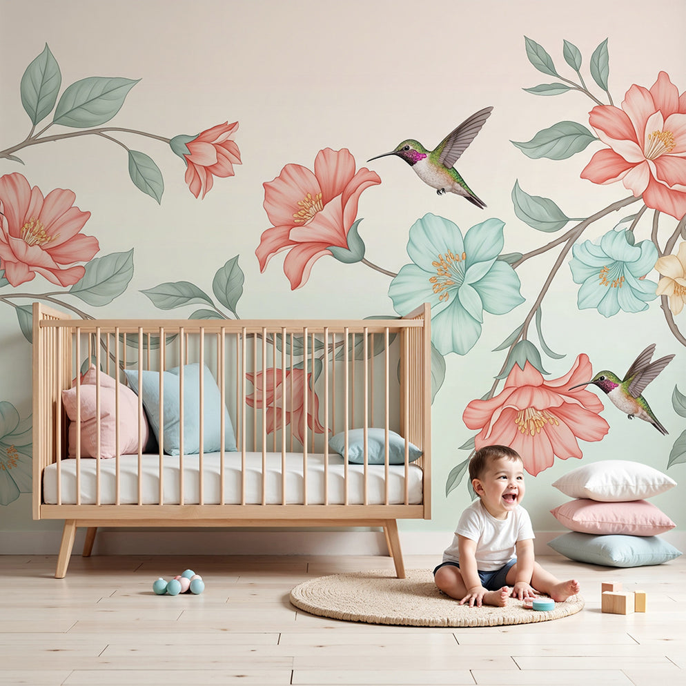 Papier peint chambre bébé | Colibris et fleurs délicates dans des tein ...