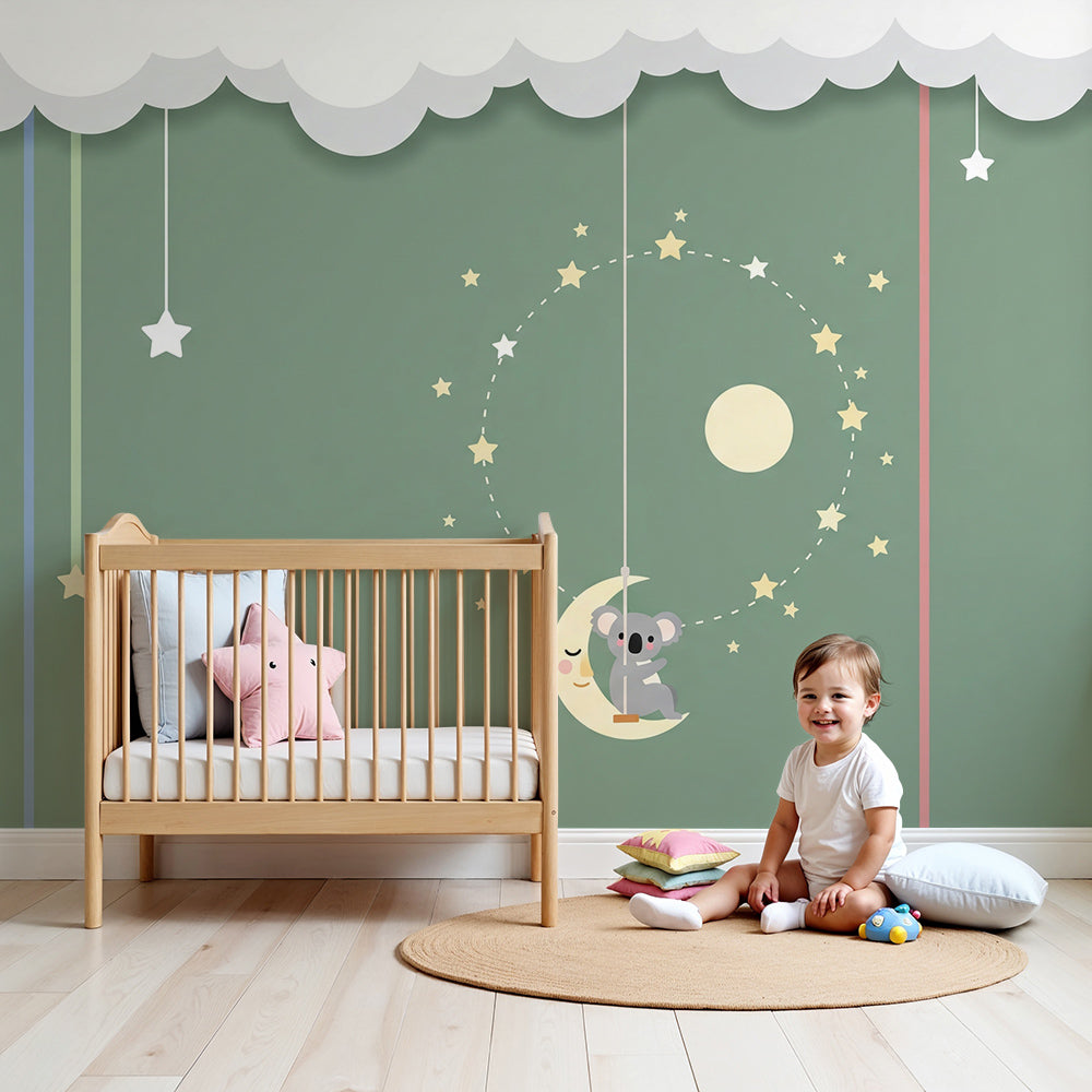 Baby room wallpaper | Koala hanging from the moon with stars and cloud ...