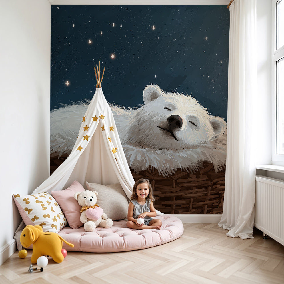 Nursery room wallpaper | Sleepy polar bear under a starry sky — Kids Wall