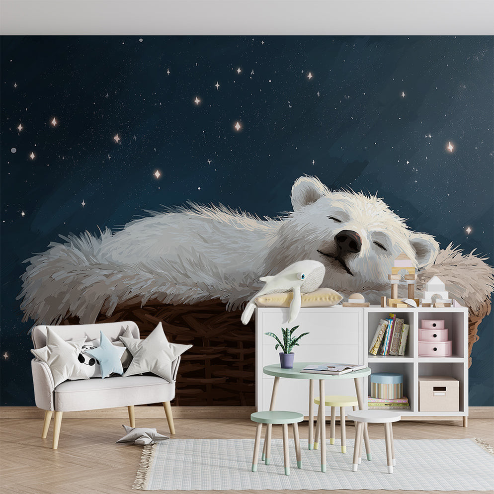 Nursery room wallpaper | Sleepy polar bear under a starry sky — Kids Wall