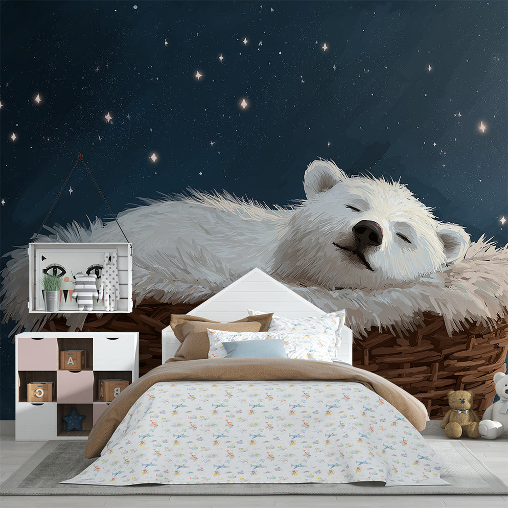 Nursery room wallpaper | Sleepy polar bear under a starry sky — Kids Wall