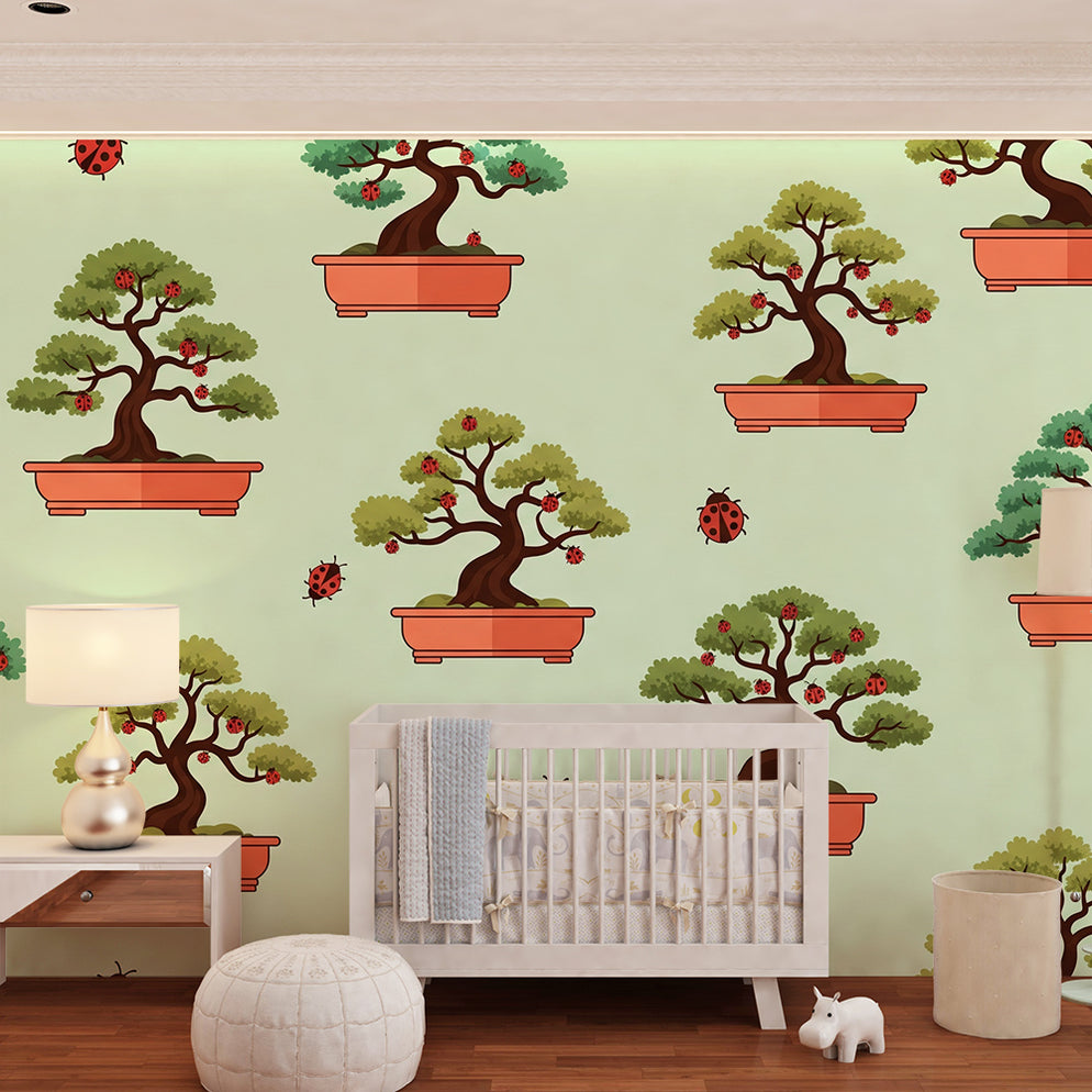 Children's Room Wallpaper | Colorful Bonsai Trees and Ladybugs on a Pa ...