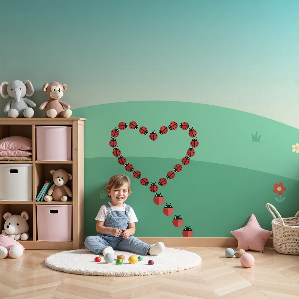 Children's Room Wallpaper | Heart-Shaped Ladybugs on a Meadow Backgrou ...
