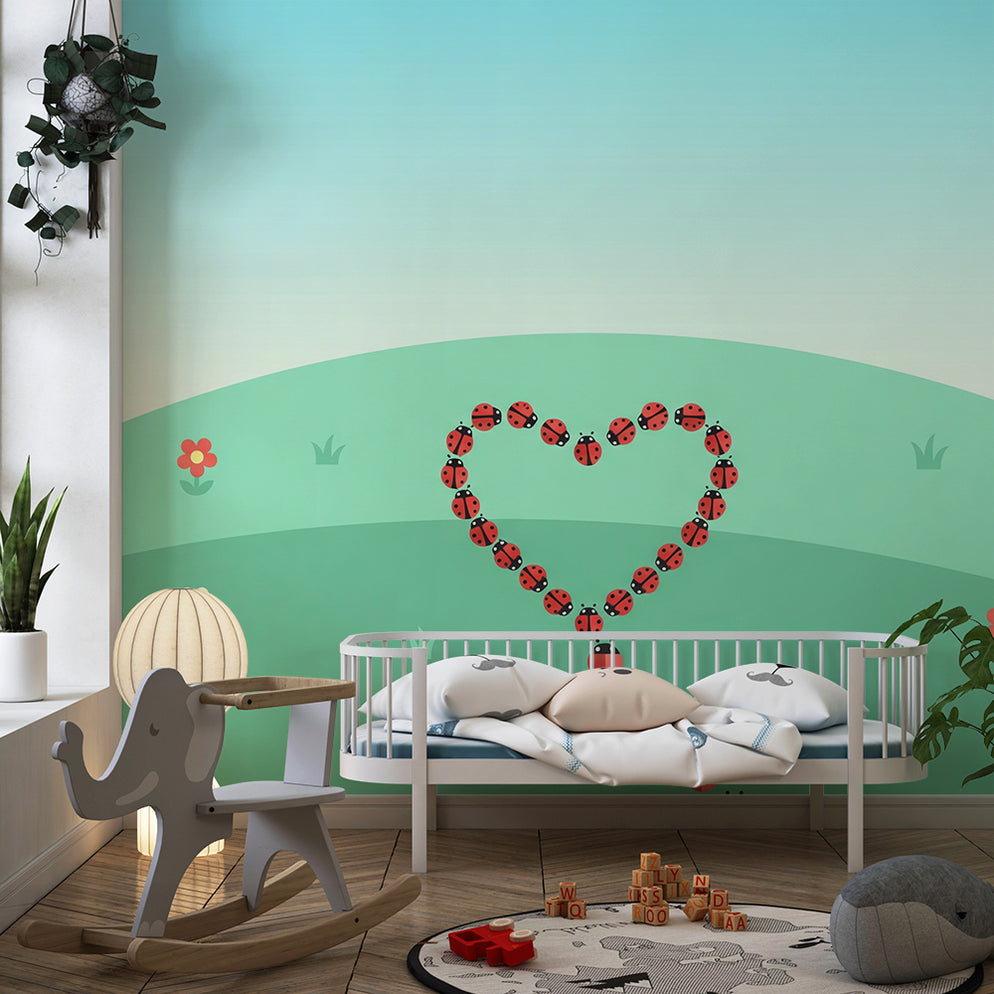 Children's Room Wallpaper | Heart-Shaped Ladybugs on a Meadow Backgrou ...