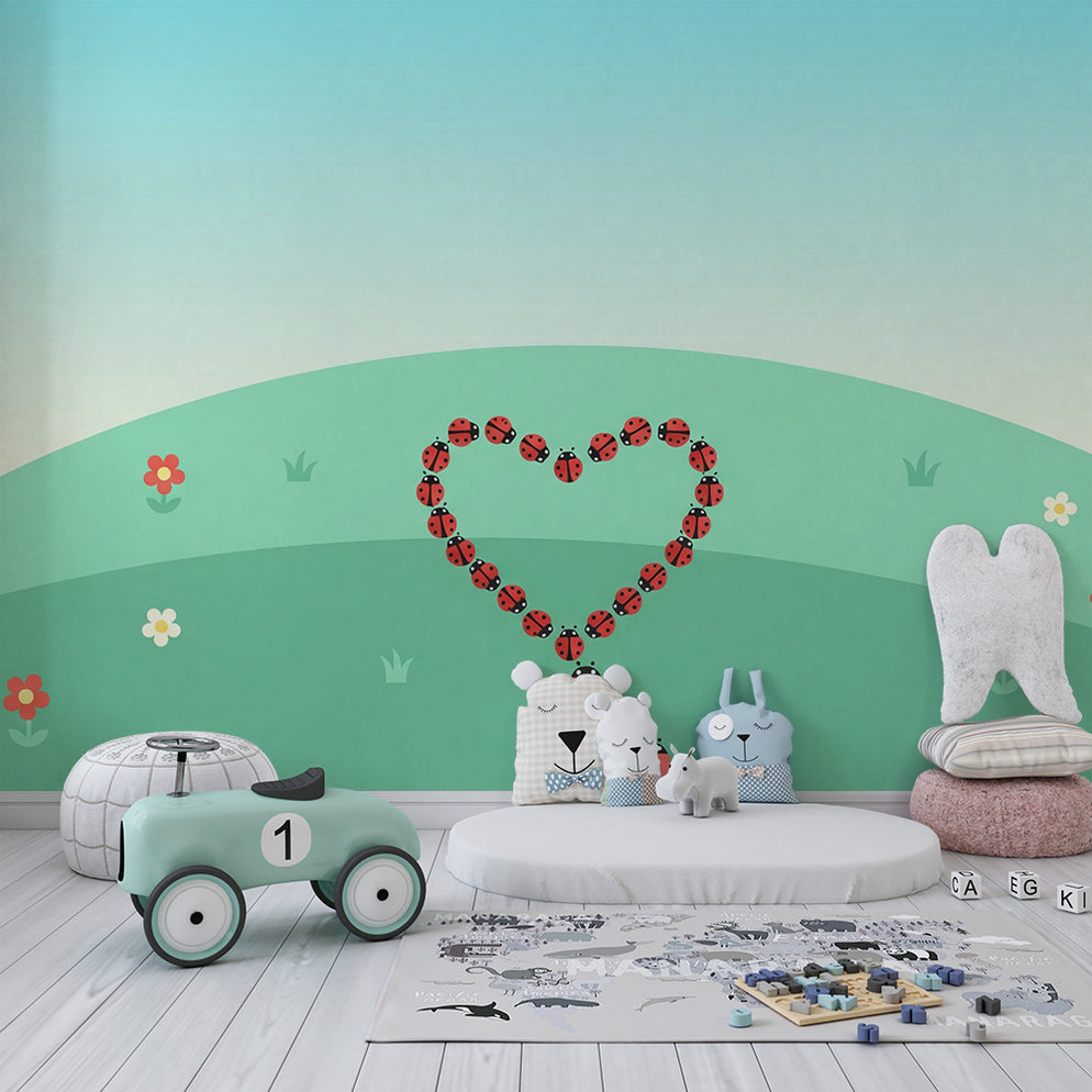 Children's Room Wallpaper | Heart-Shaped Ladybugs on a Meadow Backgrou ...