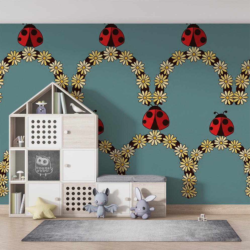 Kids' Room Wallpaper | Ladybugs and Flowers on a Blue Background — Kids ...