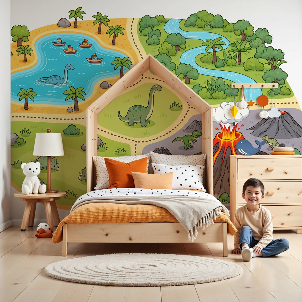 Tapet camera copii | Insula preistorică în patru cu dinozauri— Kids Wall
