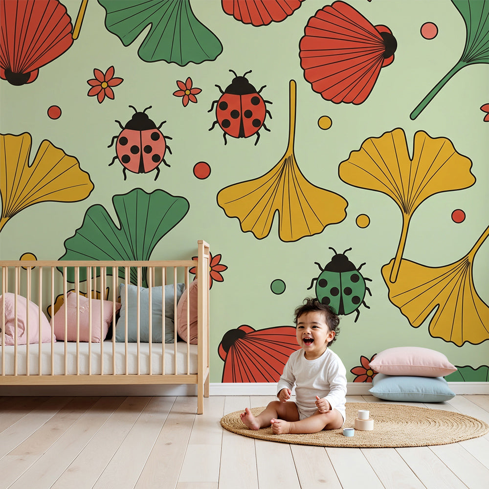 Kids' Room Wallpaper | Colorful Insects and Stylized Leaves on a Paste ...