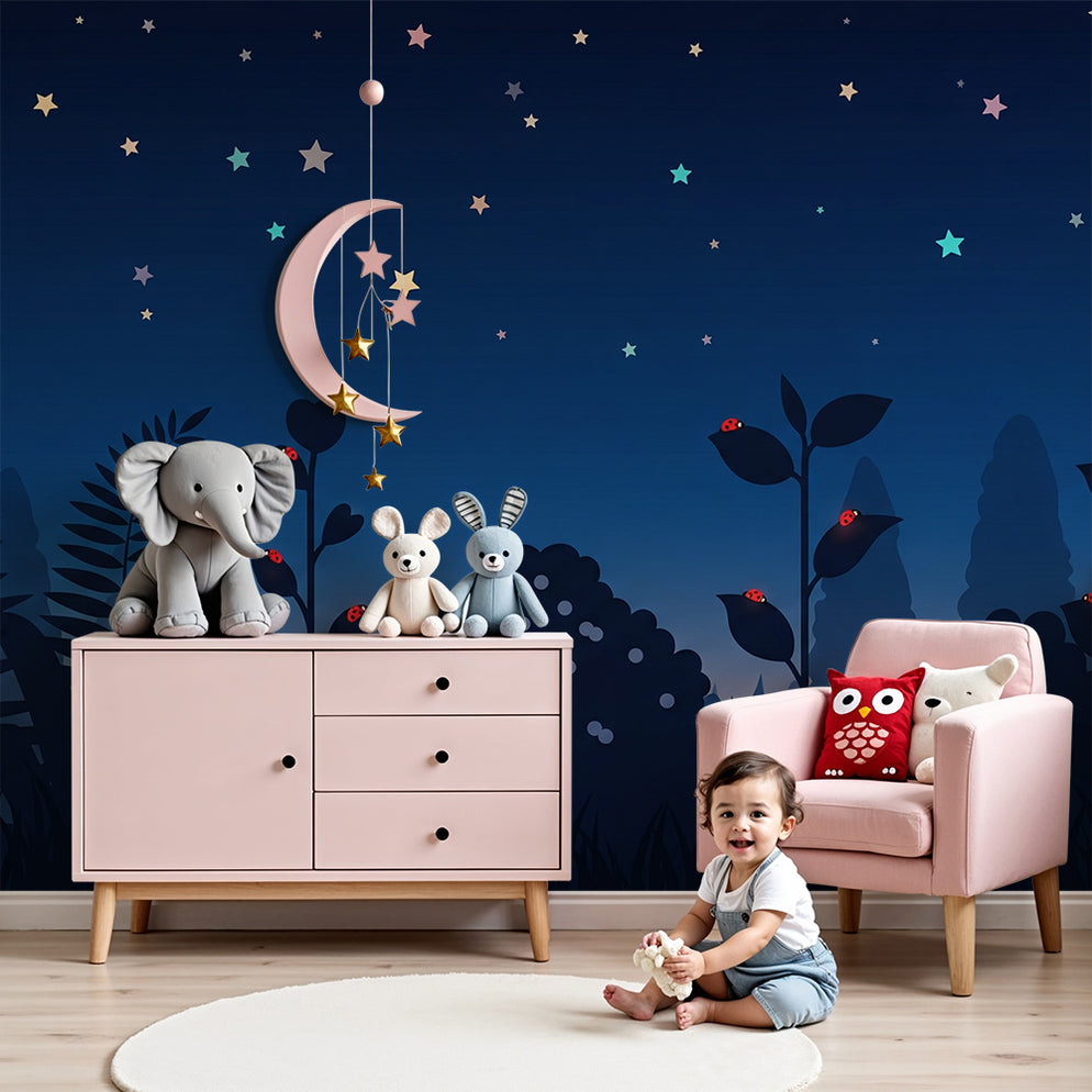 Kids' Room Wallpaper | Starry Night with Plants and Ladybugs — Kids Wall