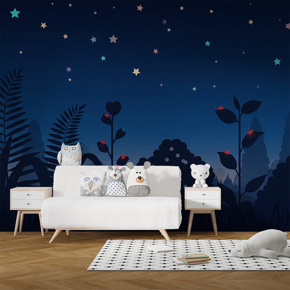 Kids' Room Wallpaper | Starry Night with Plants and Ladybugs — Kids Wall