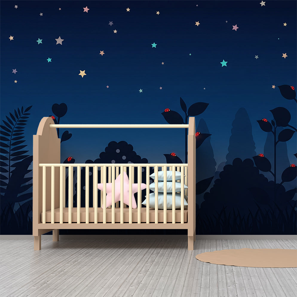 Kids' Room Wallpaper | Starry Night with Plants and Ladybugs — Kids Wall