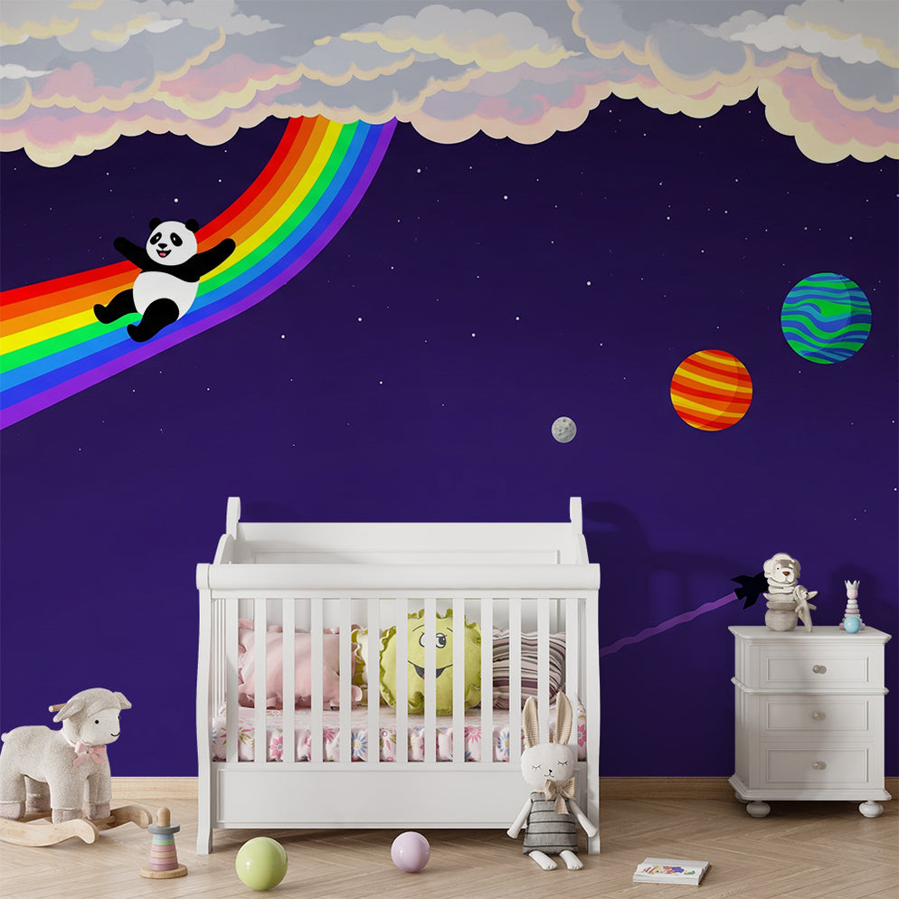 Kids' Room Wallpaper | Happy Panda on a Rainbow in Starry Space — Kids Wall