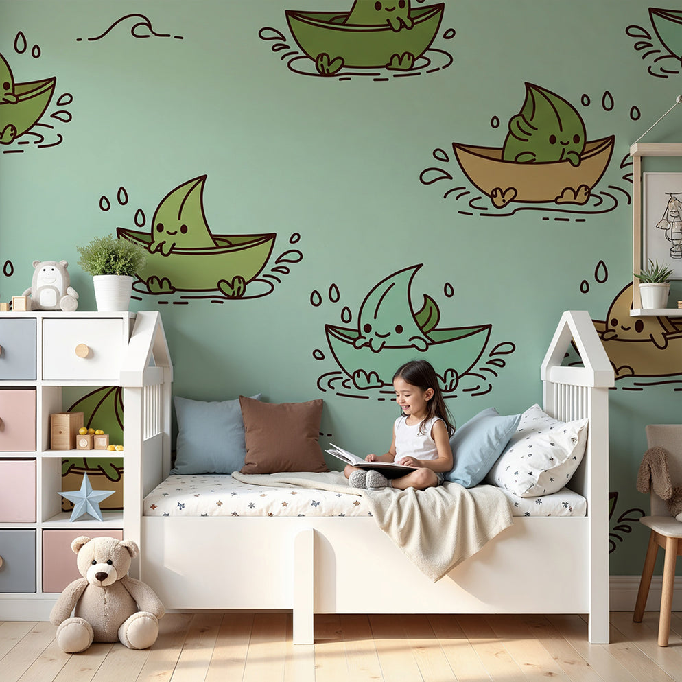 Kids' Room Wallpaper | Cheerful Little Characters Sailing on a Watery ...