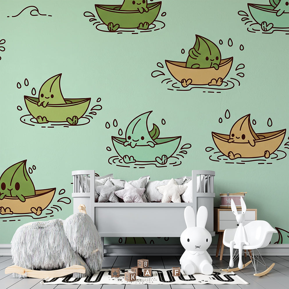 Kids' Room Wallpaper | Cheerful Little Characters Sailing on a Watery ...