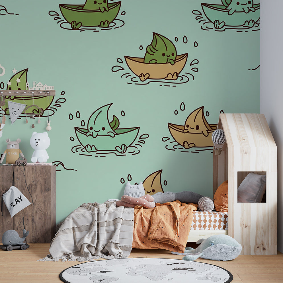 Kids' Room Wallpaper | Cheerful Little Characters Sailing on a Watery ...