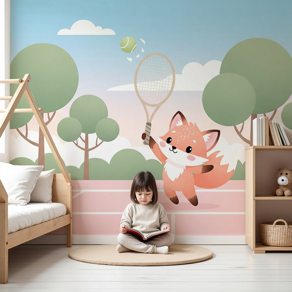 Kids room wallpaper | Tennis-playing fox in a park — Kids Wall