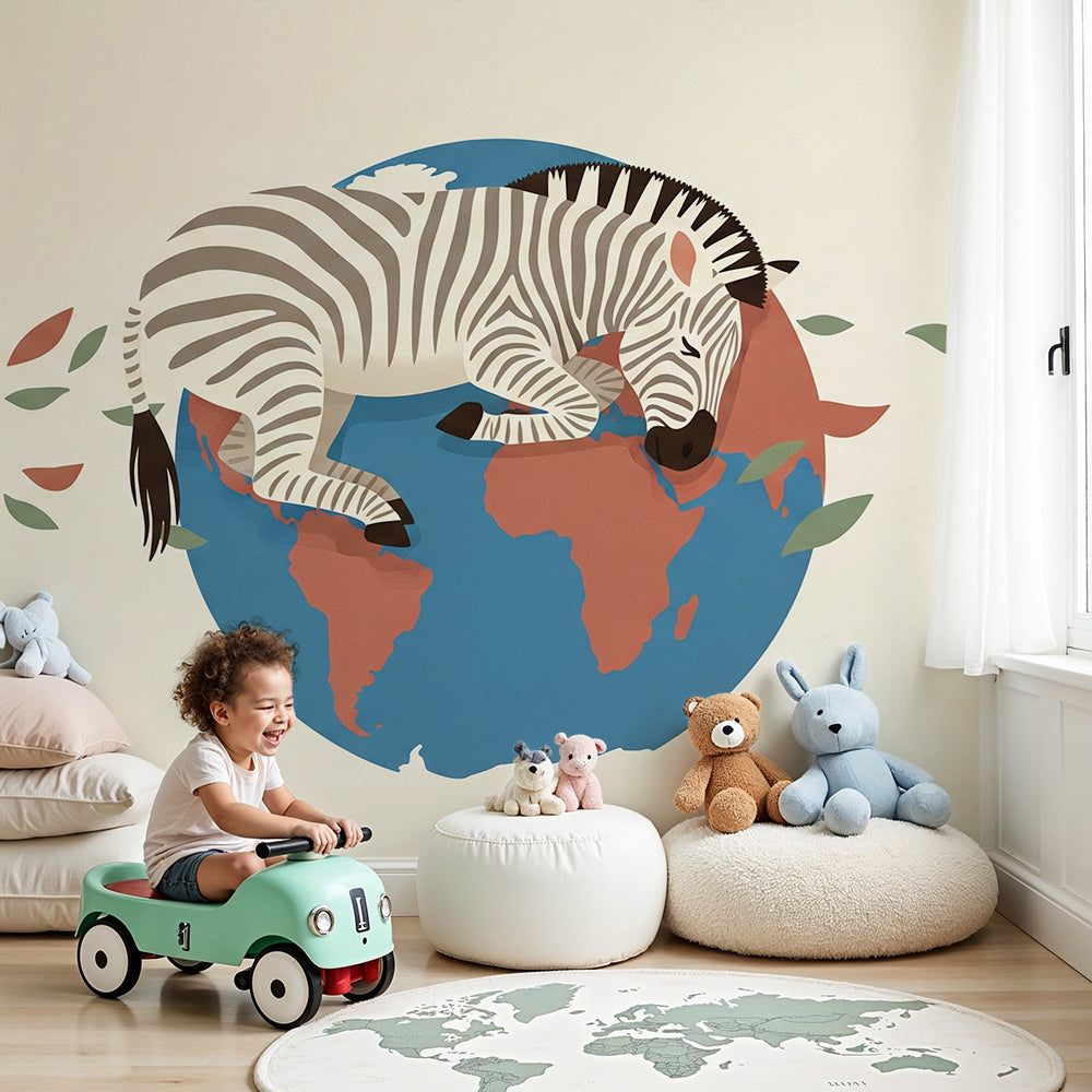 Kids room wallpaper | An adorable sleeping zebra on the globe — Kids Wall