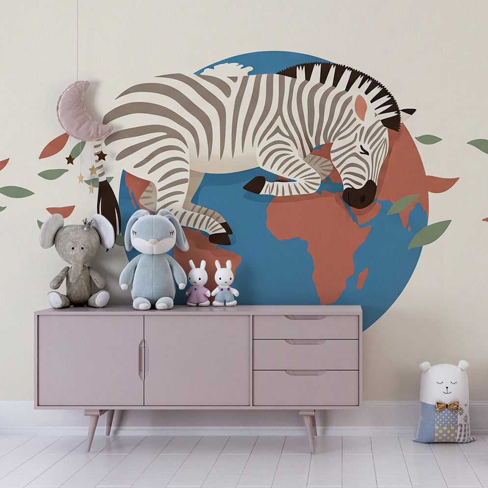 Kids room wallpaper | An adorable sleeping zebra on the globe — Kids Wall