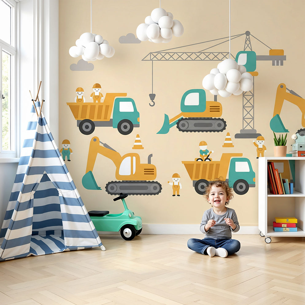 Kids' Room Wallpaper | Construction Site Theme with Happy Workers and ...