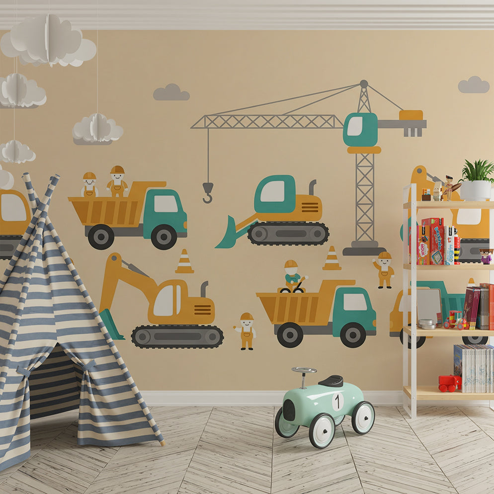Kids' Room Wallpaper | Construction Site Theme with Happy Workers and ...