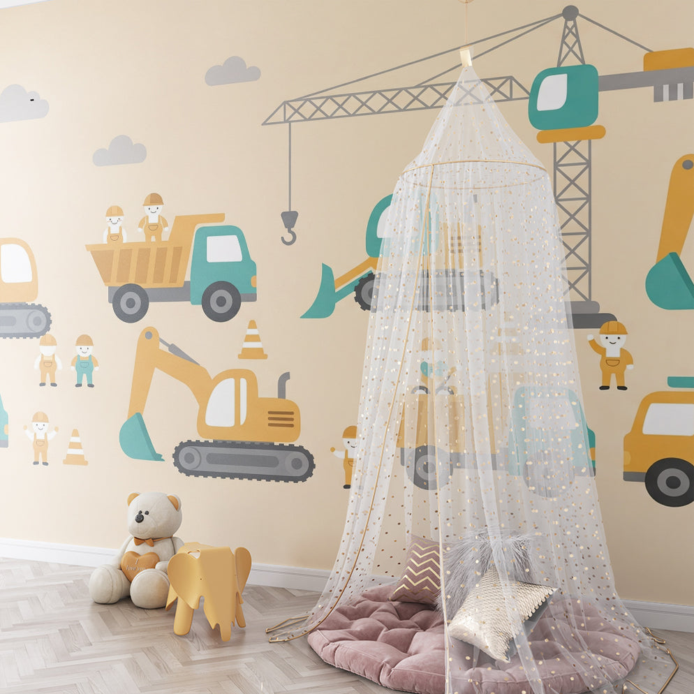 Kids' Room Wallpaper | Construction Site Theme with Happy Workers and ...