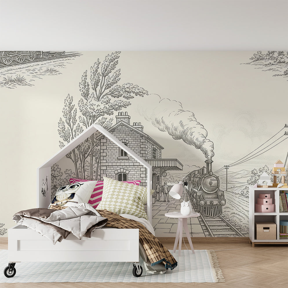 Kids' bedroom wallpaper | Vintage steam train journey with station ...
