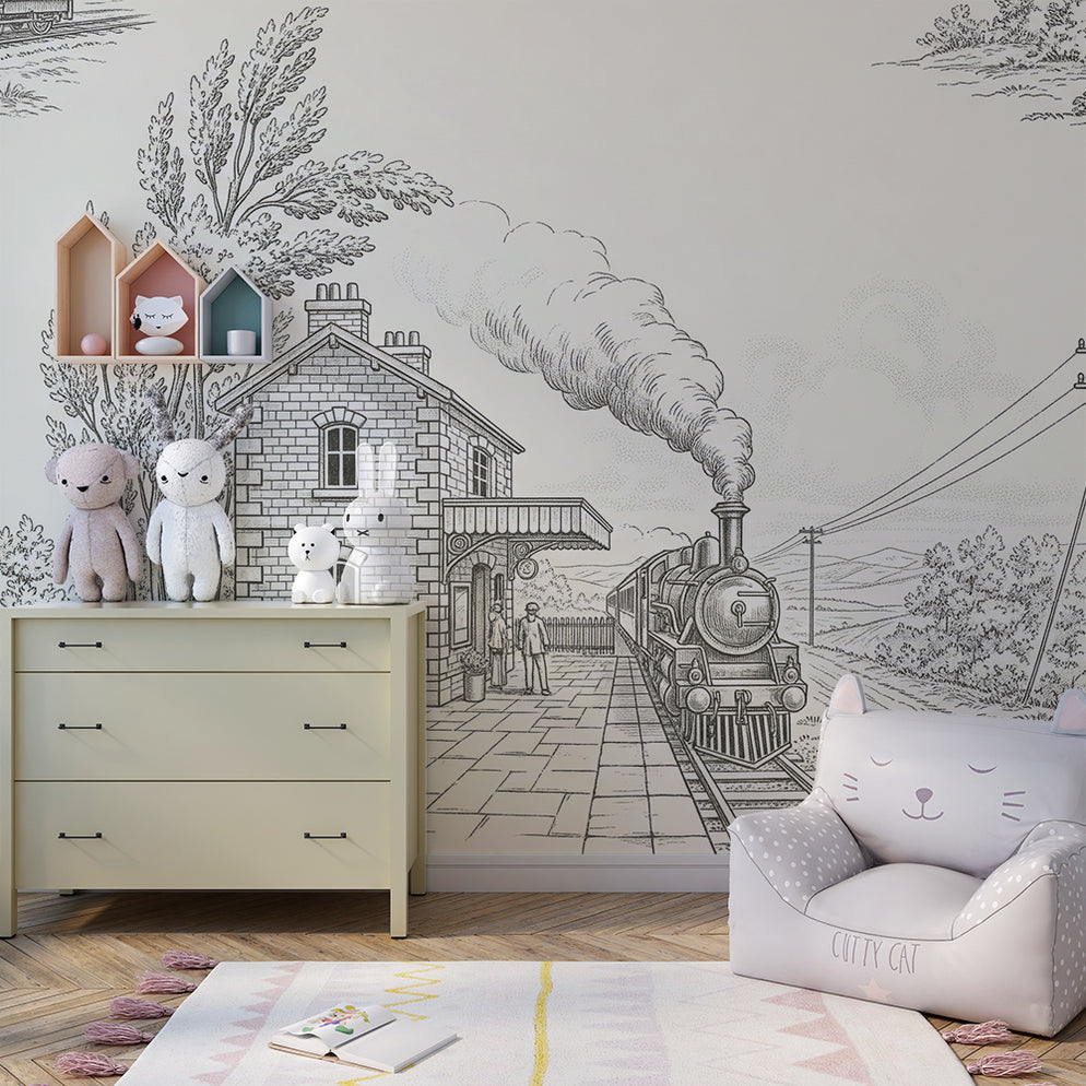 Kids' bedroom wallpaper | Vintage steam train journey with station ...